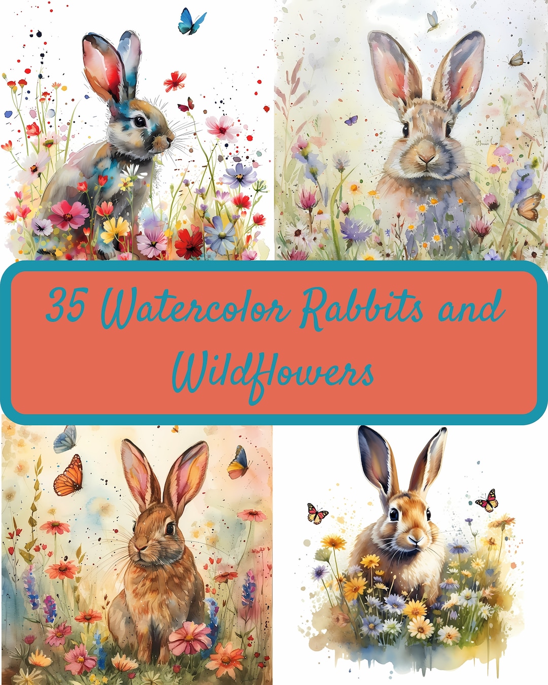 35 Watercolor Rabbits and Wildflowers PNG No Background Scrapbooking ...