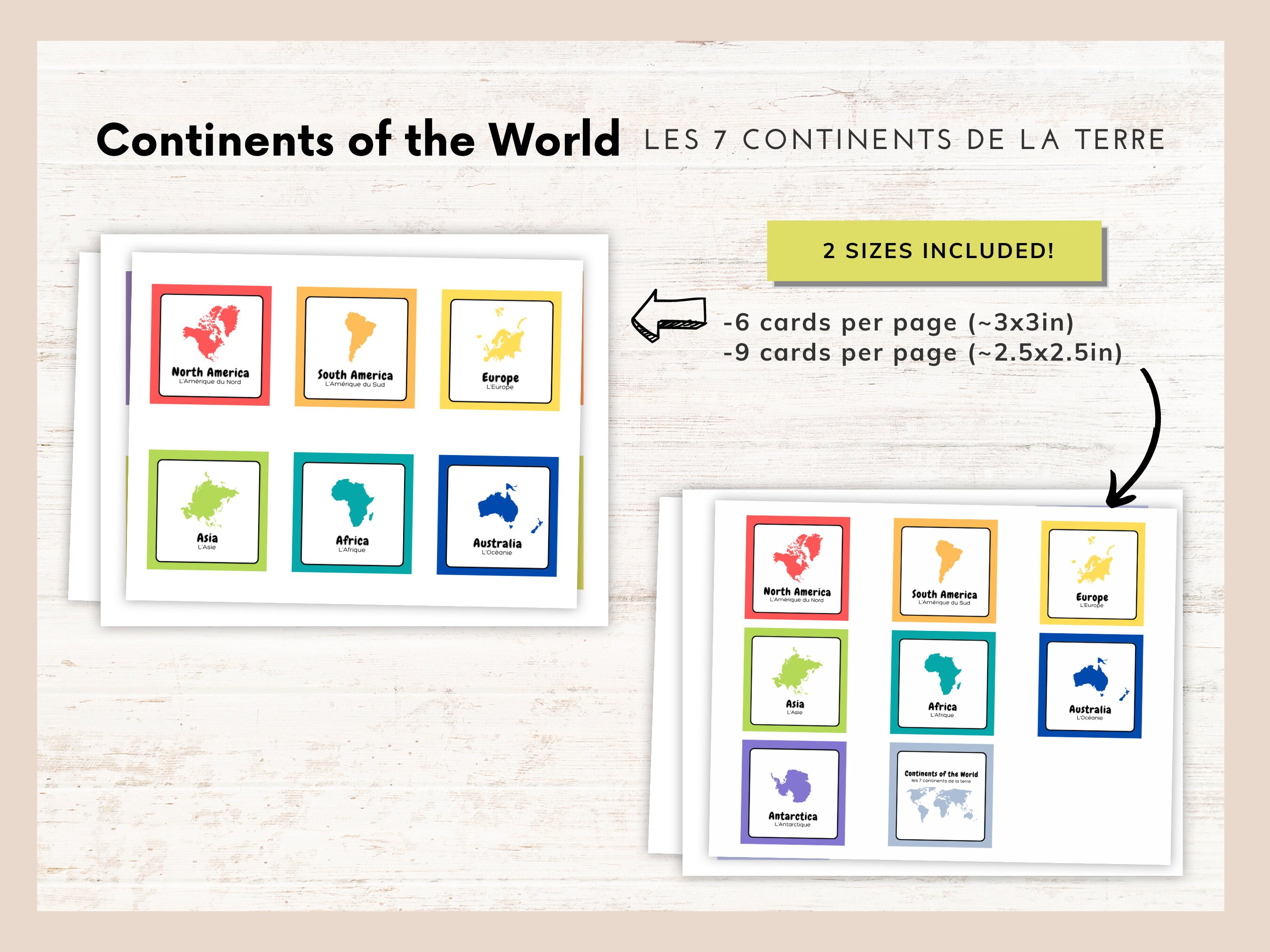World Continents Montessori Flashcards, English+french Bilingual ...
