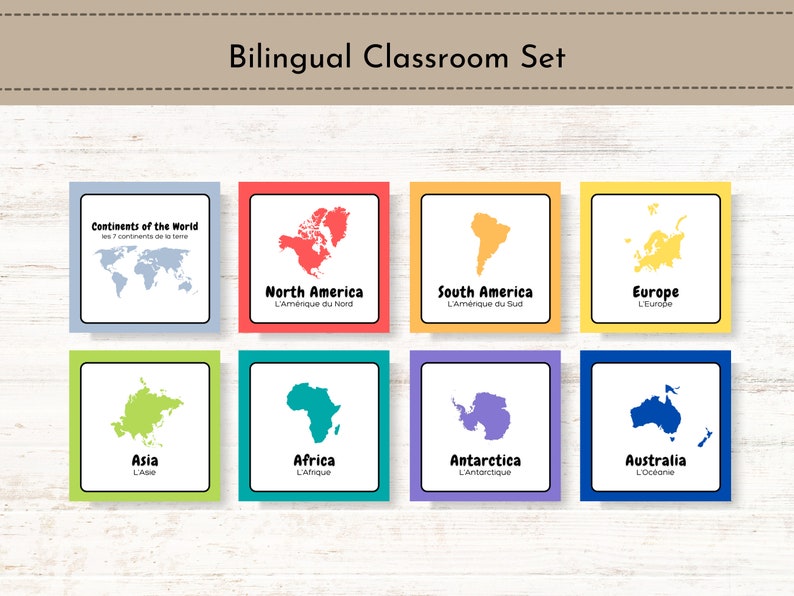 World Continents Montessori Flashcards, English+french Bilingual ...