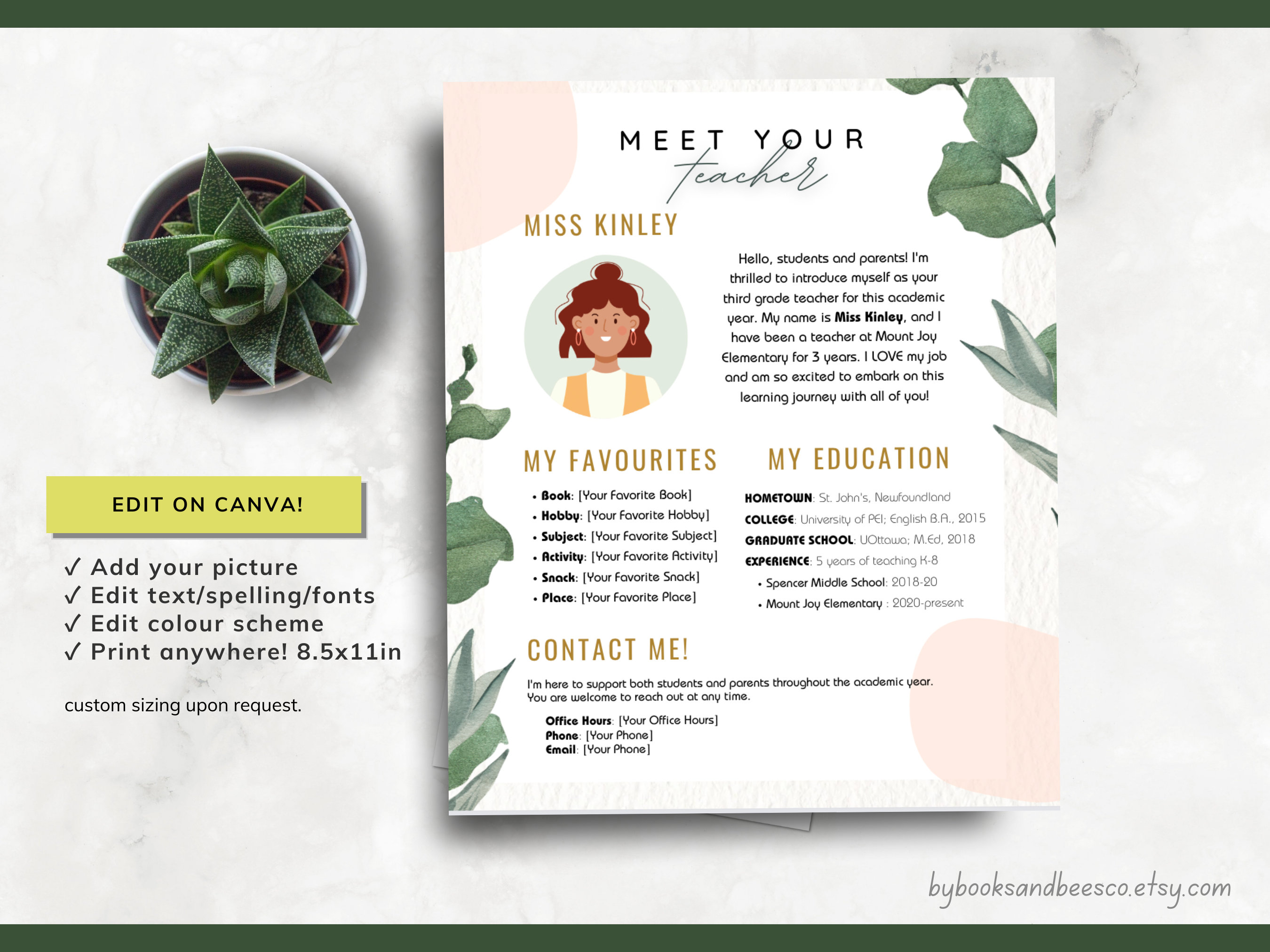 Minimalist Meet the Teacher Template, Editable Botanical Teacher ...