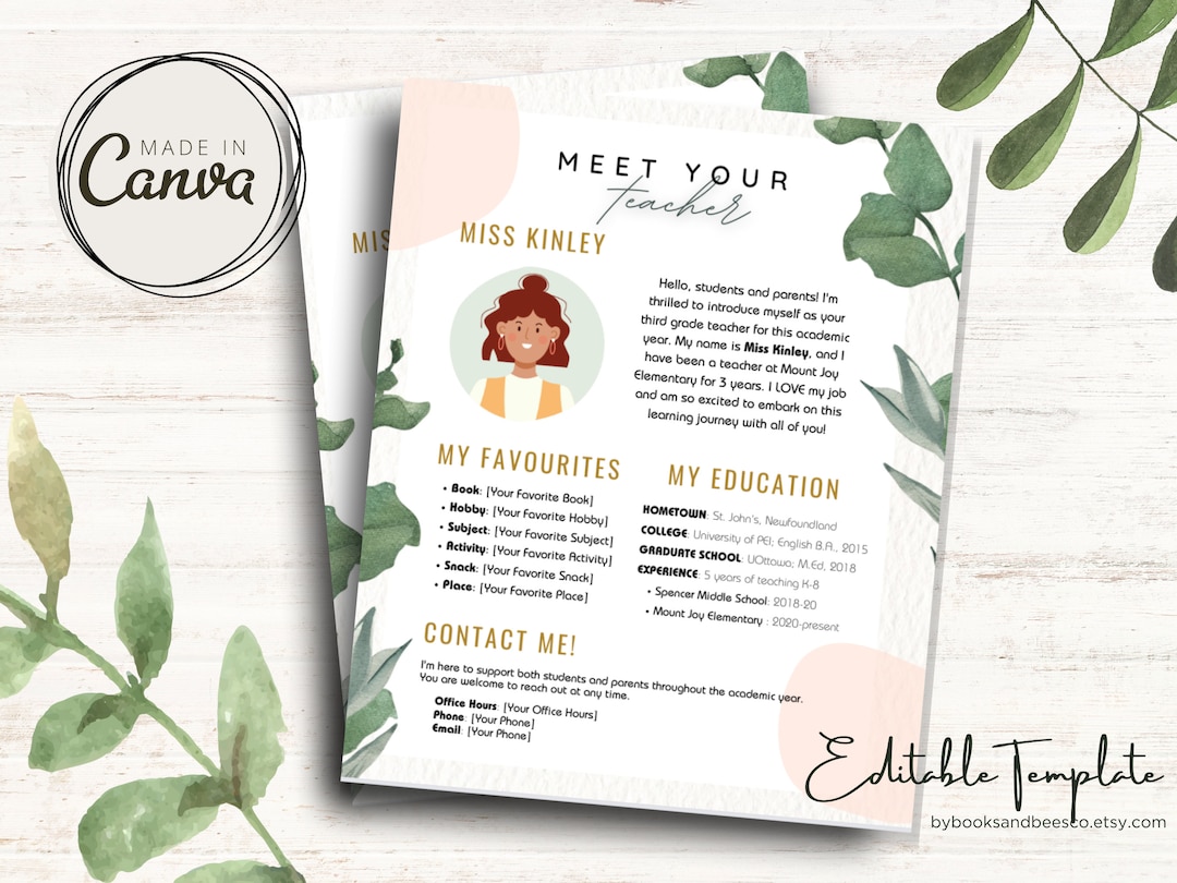Minimalist Meet the Teacher Template, Editable Botanical Teacher ...