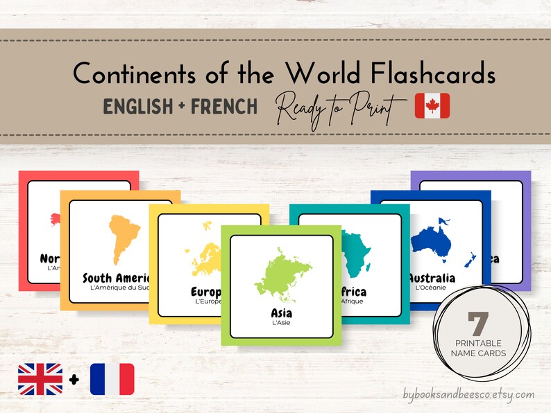 World Continents Montessori Flashcards, English+french Bilingual ...