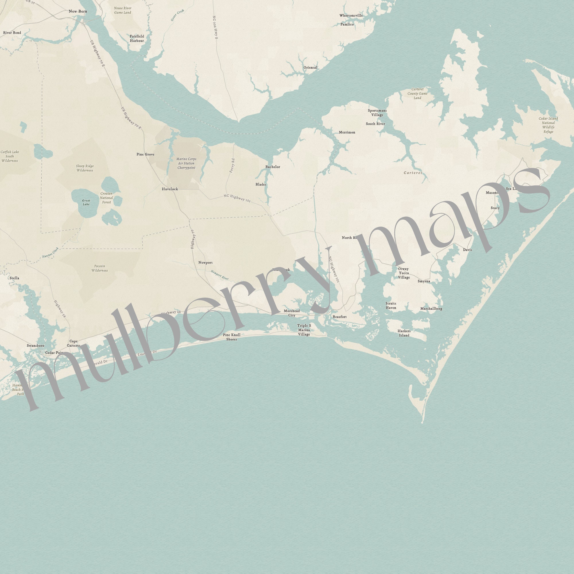 North Carolina Crystal Coast Vintage Map Poster or Canvas - Etsy