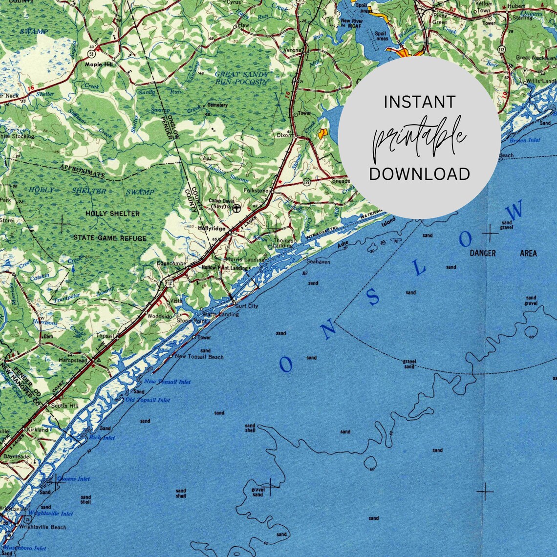 Antique Topsail Beach Surf City North Topsail Island North Carolina Map ...