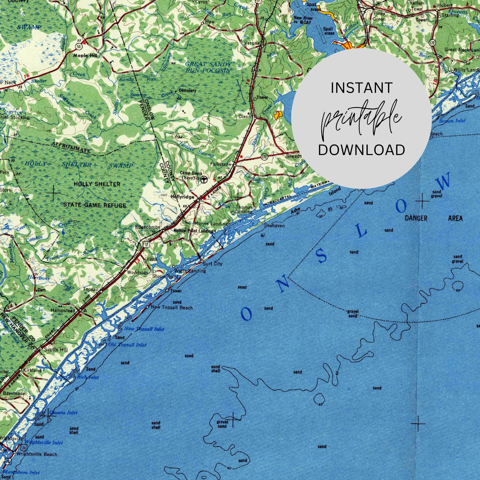 Antique Topsail Beach Surf City North Topsail Island North Carolina Map ...