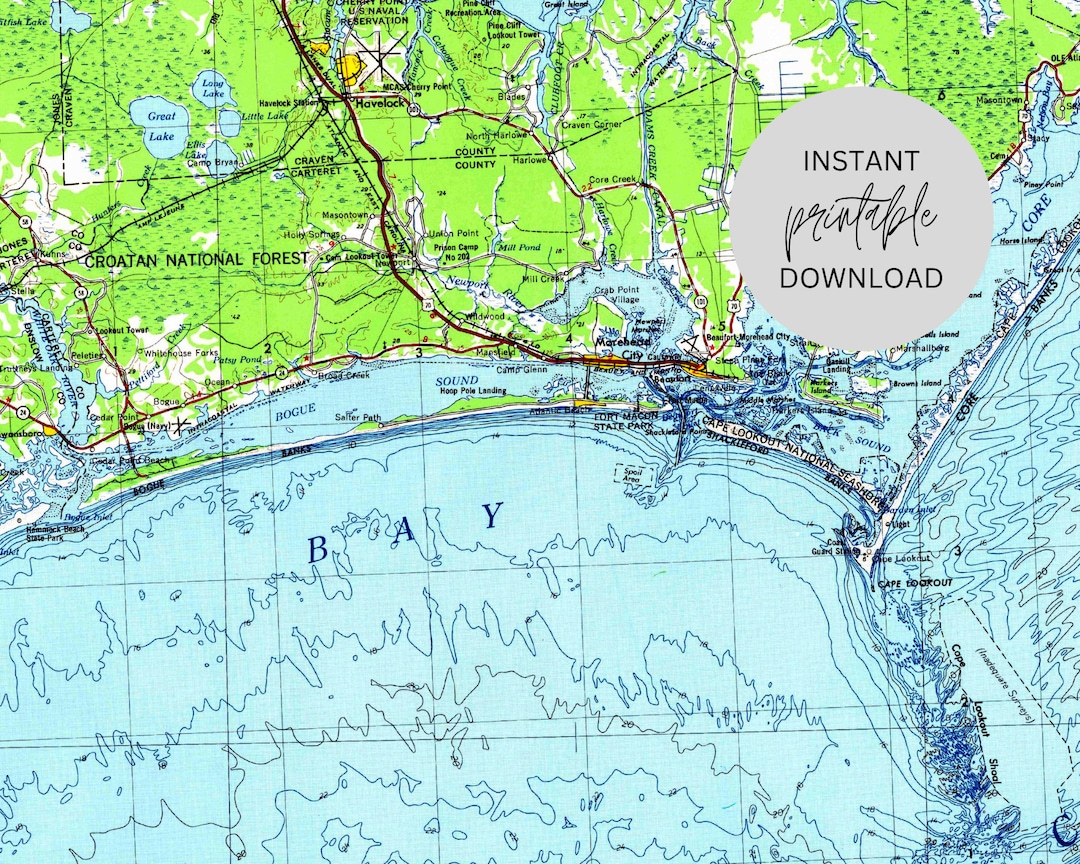 Vintage Crystal Coast North Carolina Map Immediate Digital Download - Etsy