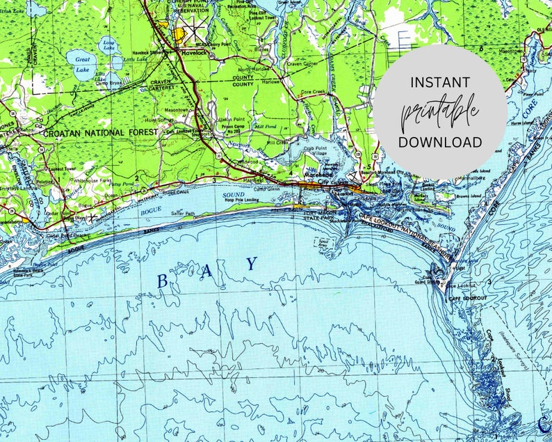 Vintage Crystal Coast North Carolina Map Immediate Digital Download - Etsy