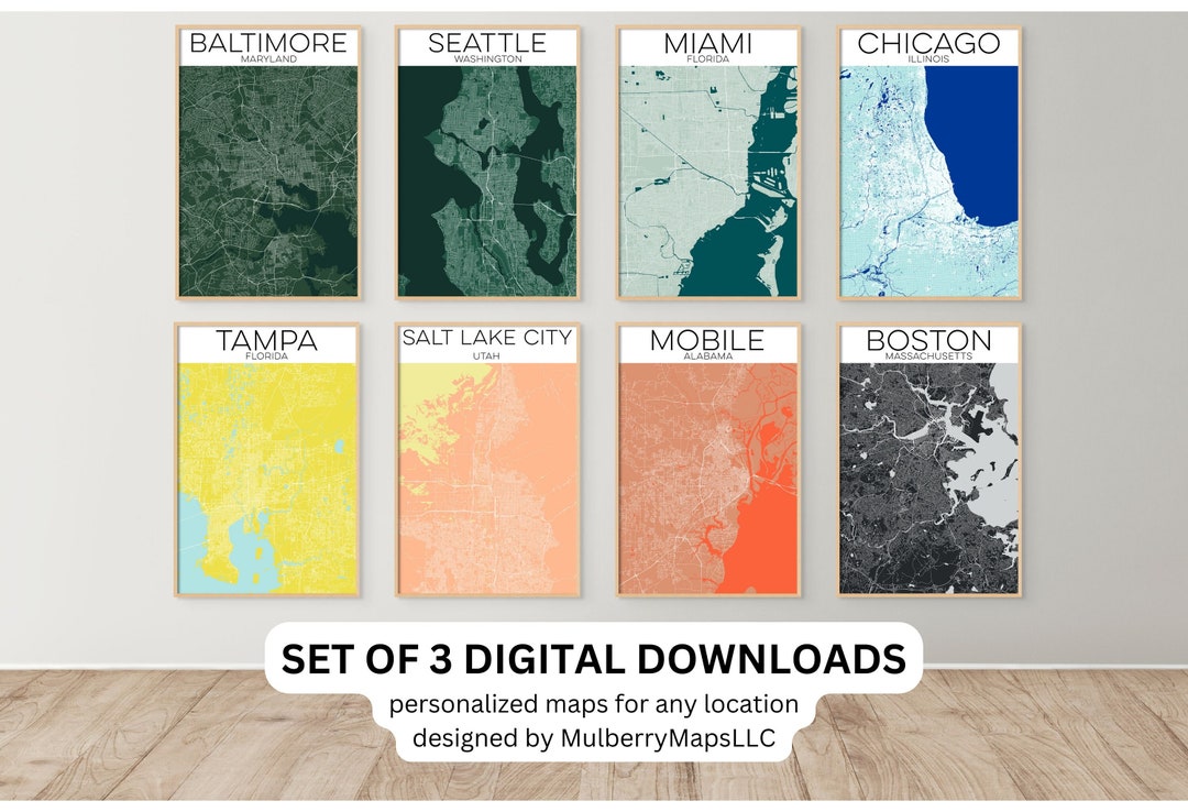 Set of 3 Custom Maps for Digital Download by Mulberry Maps, Custom Map ...