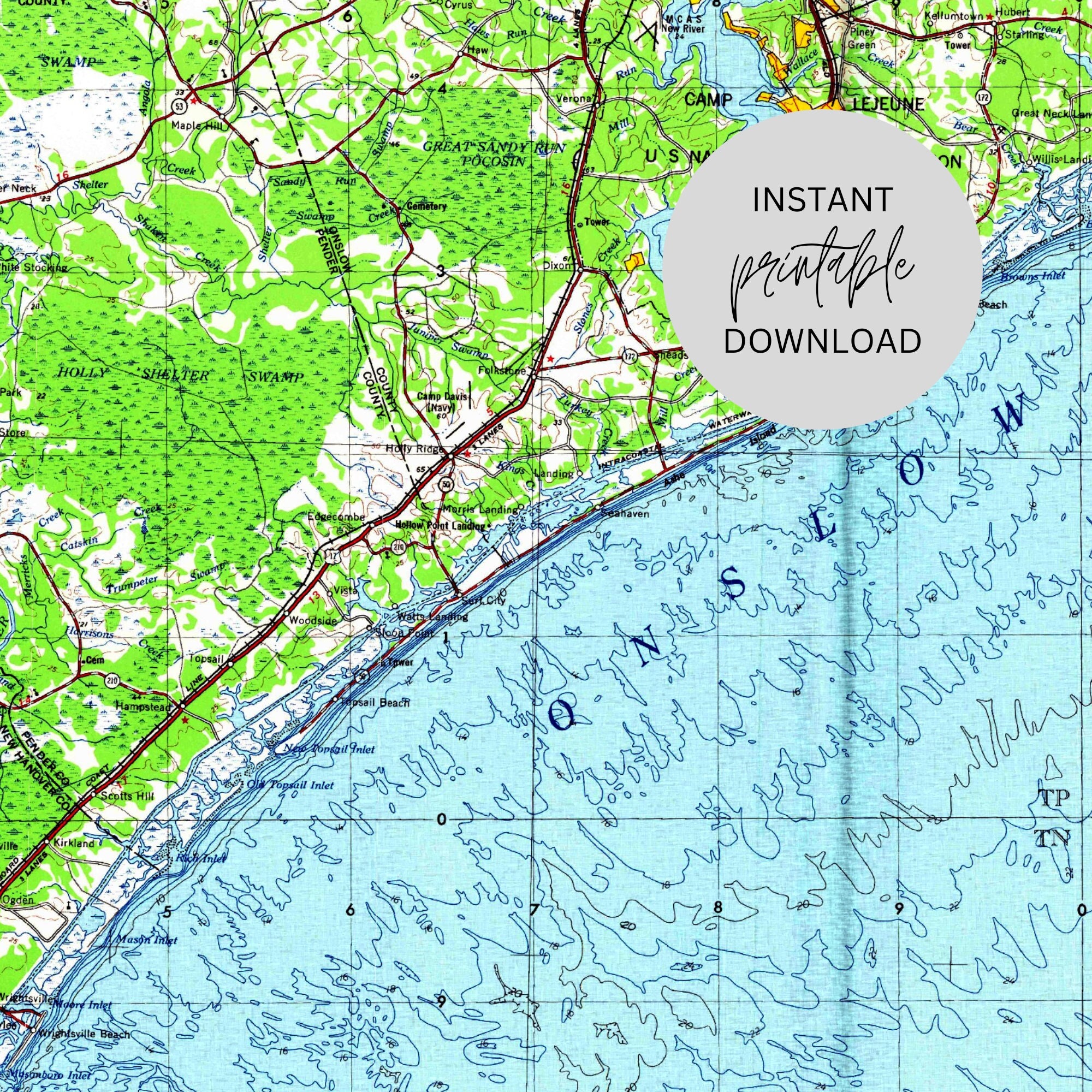 Antique Topsail Beach Surf City North Topsail Island North Carolina Map ...