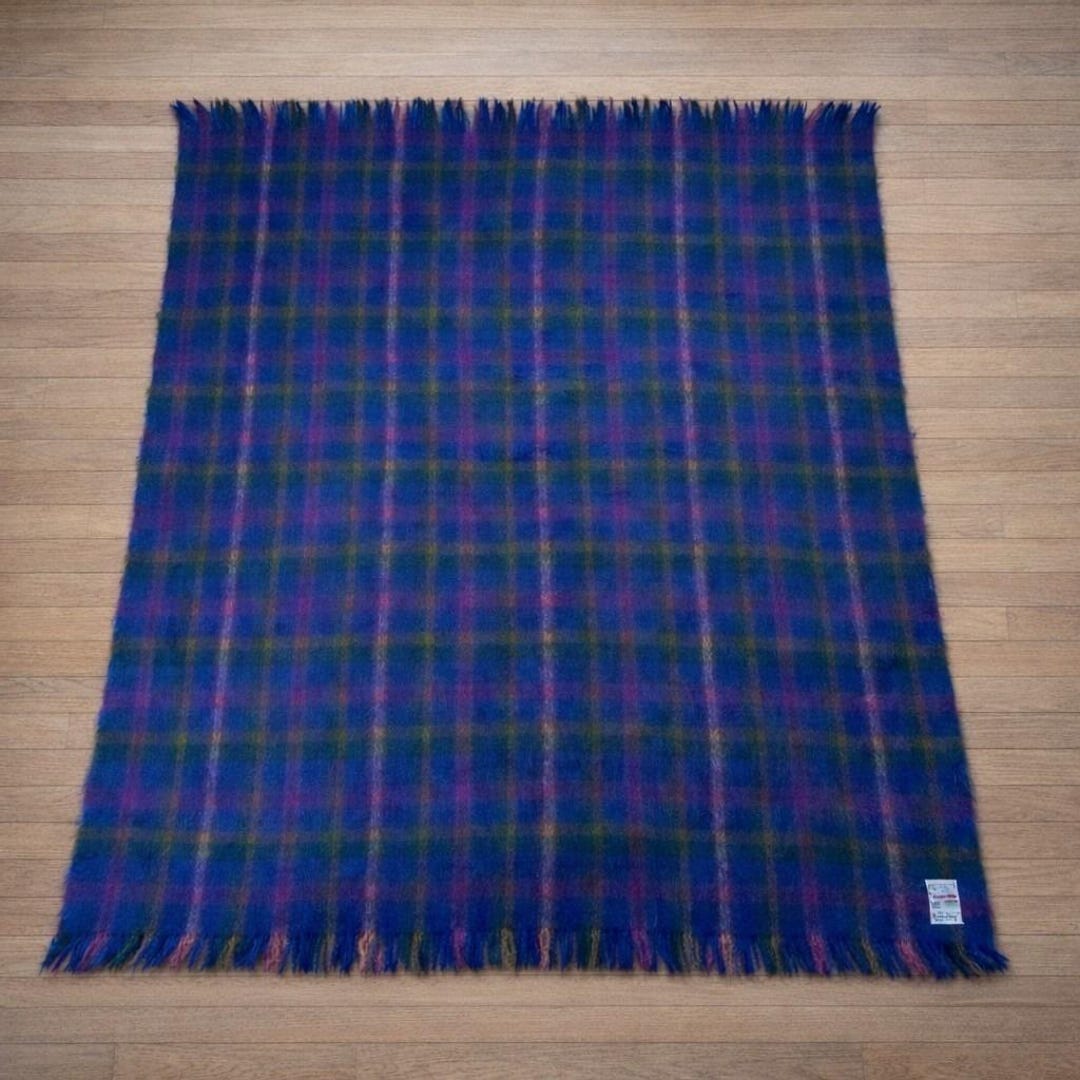 Vintage Avoca Mohair Wool Throw Blanket Blue Green Plaid Made in ...