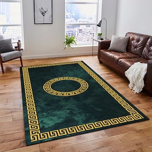 Green and Gold Ancient Greek Wave Rug, Greek Mythology, Modern Rug ...
