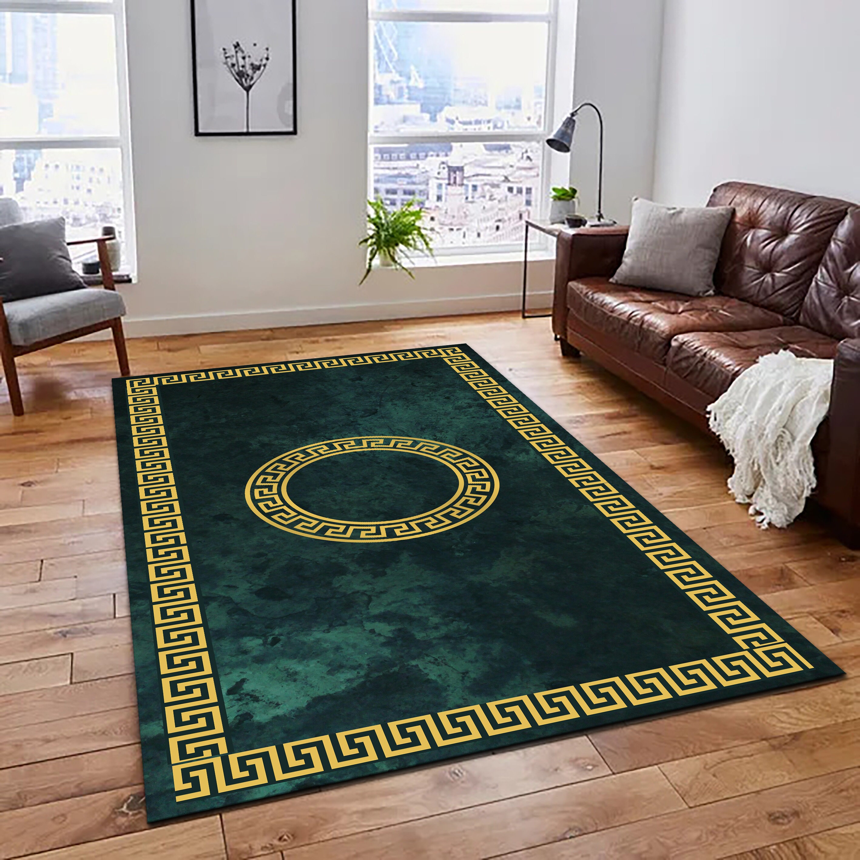 Green and Gold Ancient Greek Wave Rug, Greek Mythology, Modern Rug ...