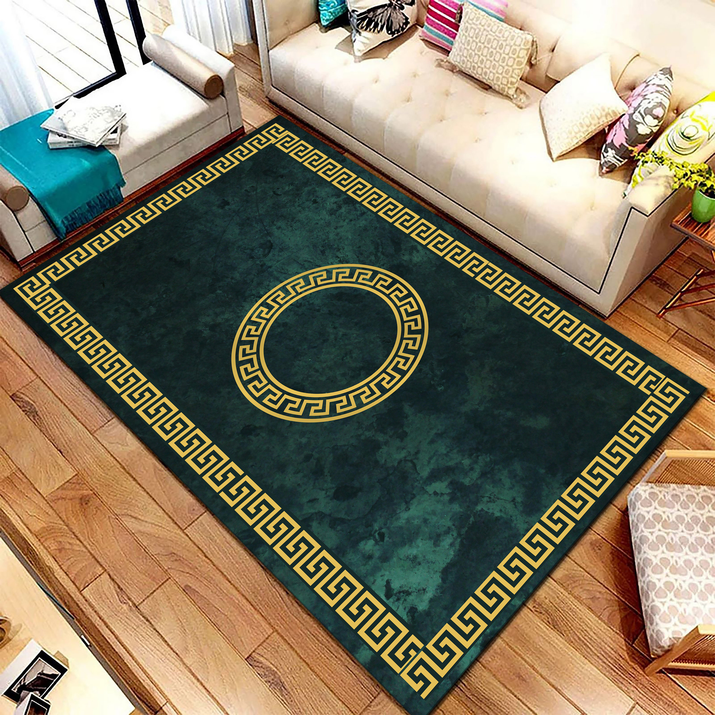 Green and Gold Greek Wave Rug, Ancient Mythology, Machine Washable - Etsy