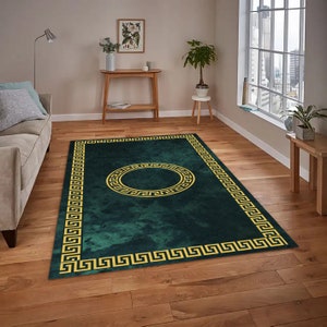 Green and Gold Ancient Greek Wave Rug, Greek Mythology, Modern Rug ...
