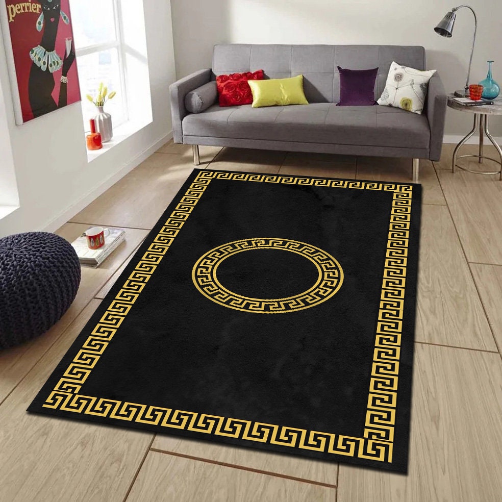 Black and Gold Ancient Greek Wave Rug, Greek Mythology, Modern Rug ...