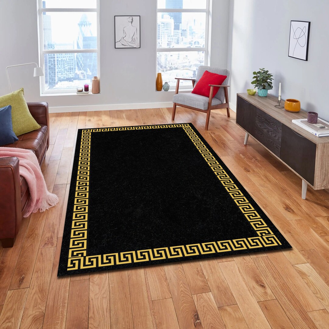 Black and Gold Ancient Greek Wave Rug, Greek Mythology, Modern Rug ...