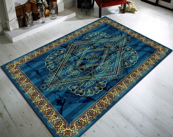Blue and Gold Damask Rug, Ethnic Design Floral Carpet, Oriental Floor ...