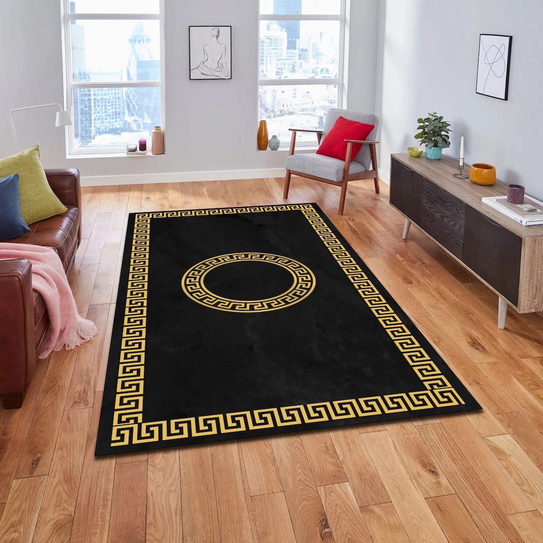 Black and Gold Ancient Greek Wave Rug, Greek Mythology, Modern Rug ...