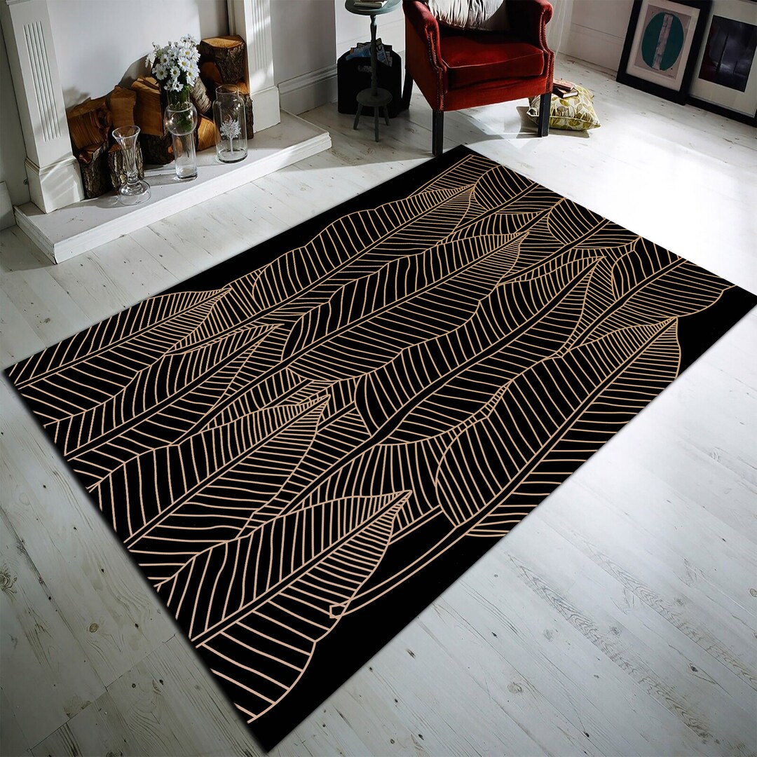 Gold Leaf Pattern Rug, Modern Black Area Rug - Etsy