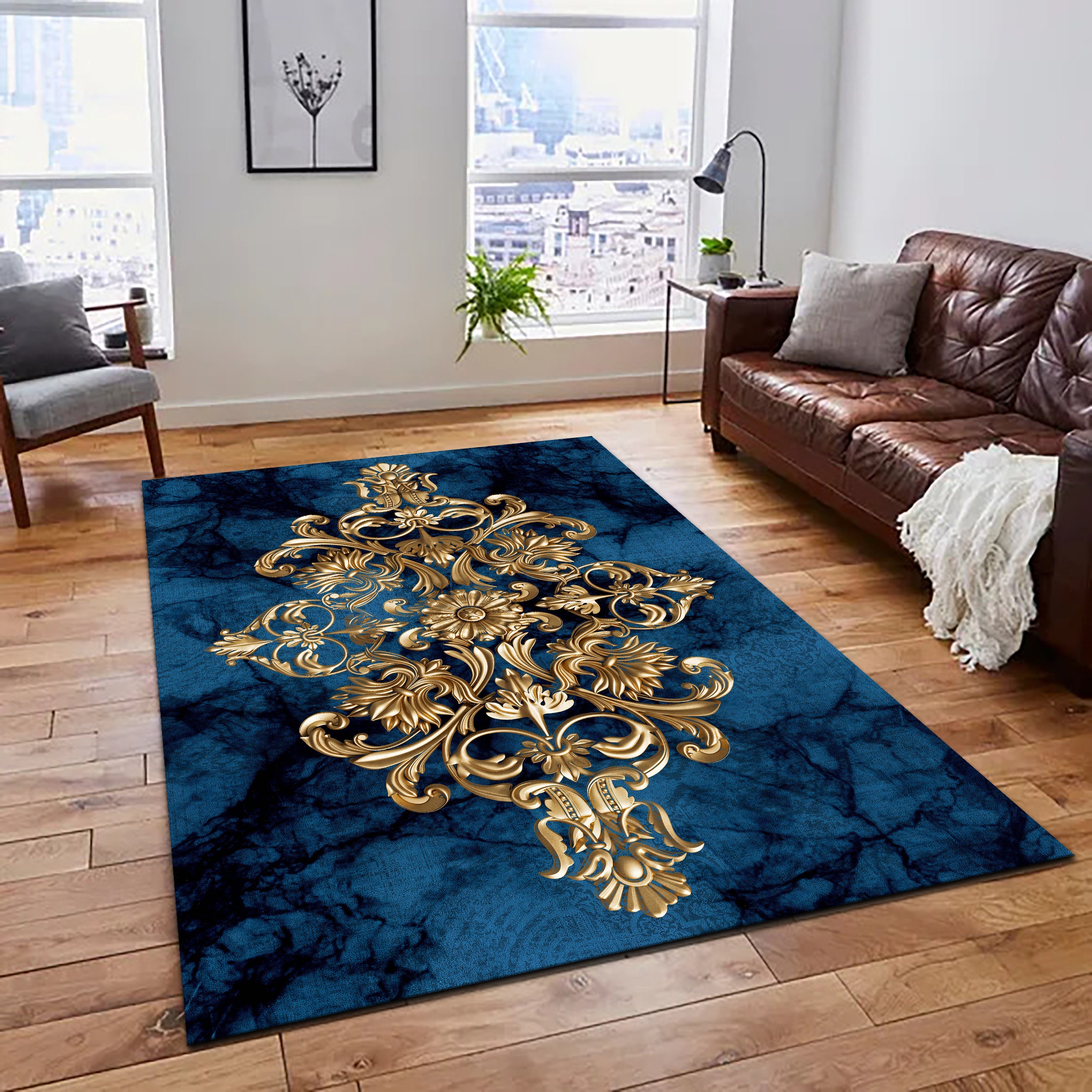 Blue and Gold Damask Rug Ethnic Design Floral Carpet - Etsy