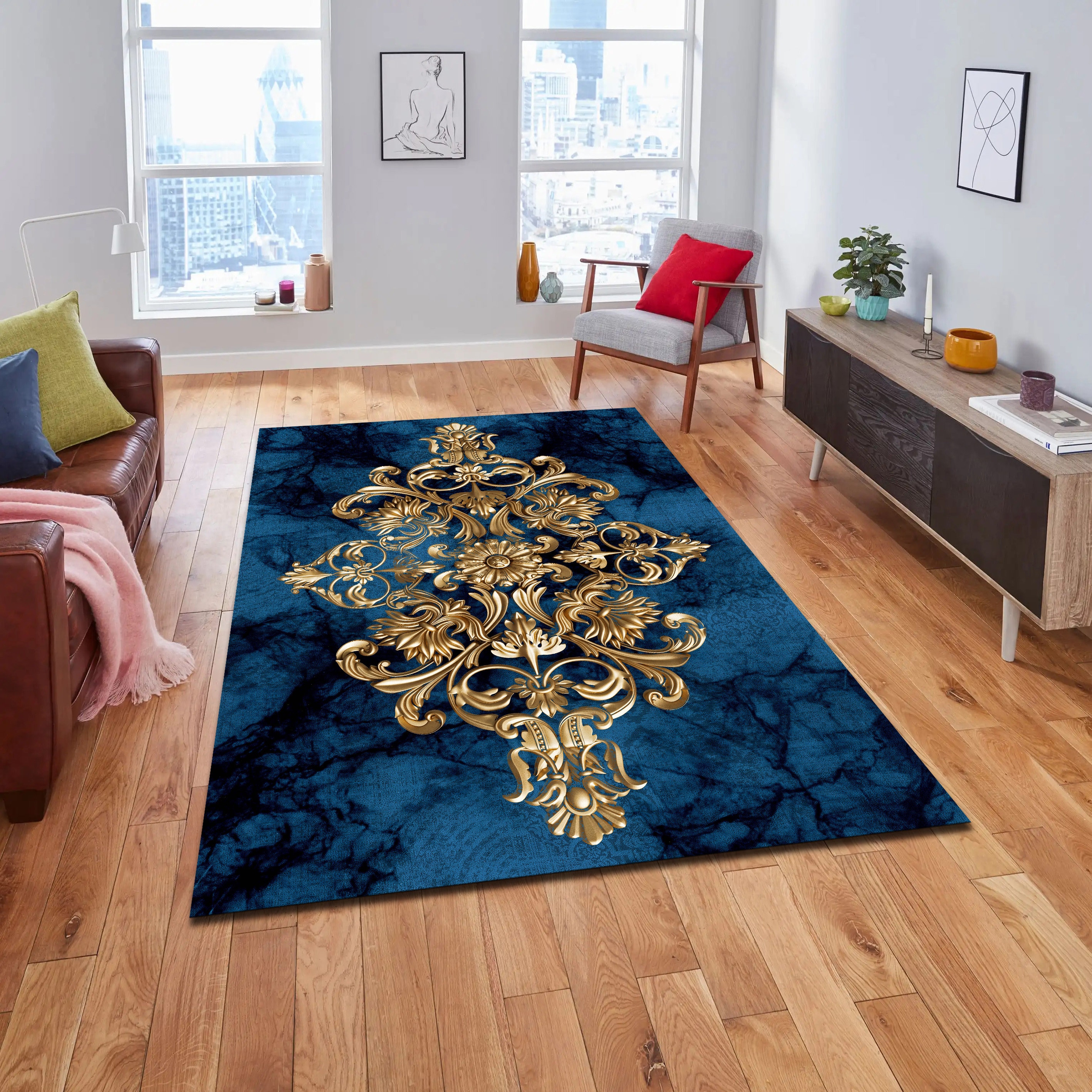 Blue and Gold Damask Rug Ethnic Design Floral Carpet - Etsy
