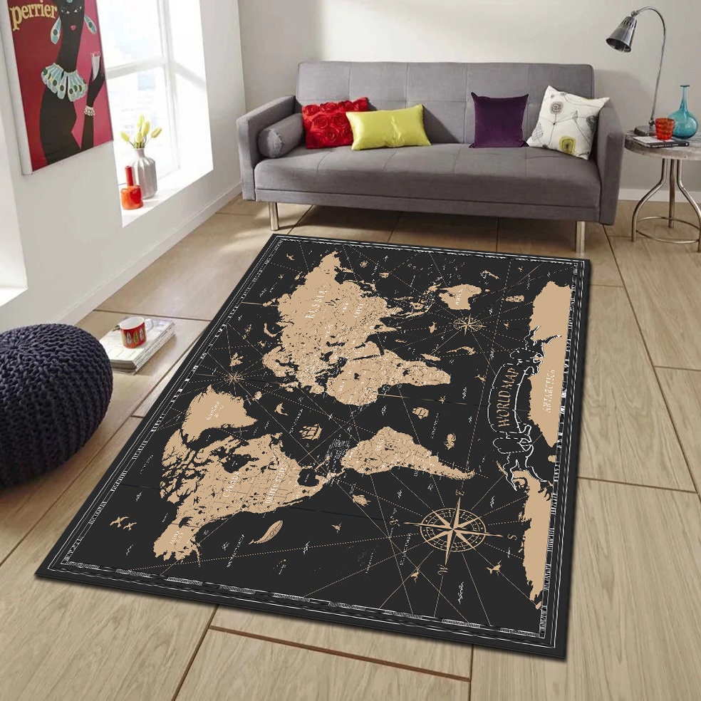 Vintage Black World Map Rug, Cotton Blend, Non-slip - Etsy