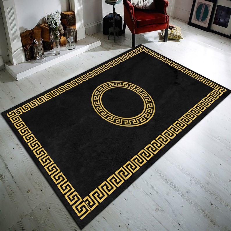 Black and Gold Ancient Greek Wave Rug, Greek Mythology, Modern Rug ...