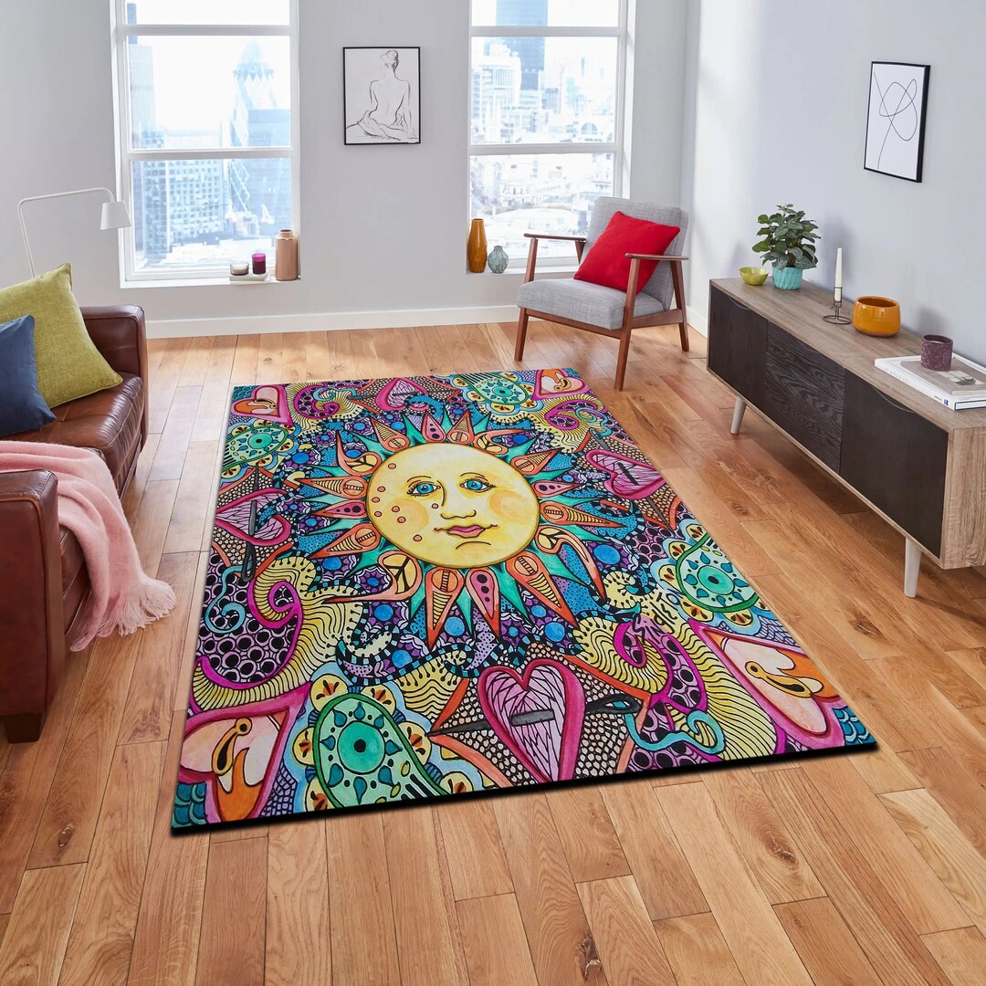 3D Realistic Sun Rug, Sunrise Sunset Area Rug Colorful Boho Sunshine ...