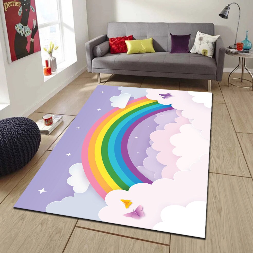 Rainbow Soft Kids Room Rug, Personalised Soft Nursery Carpet, Washable ...