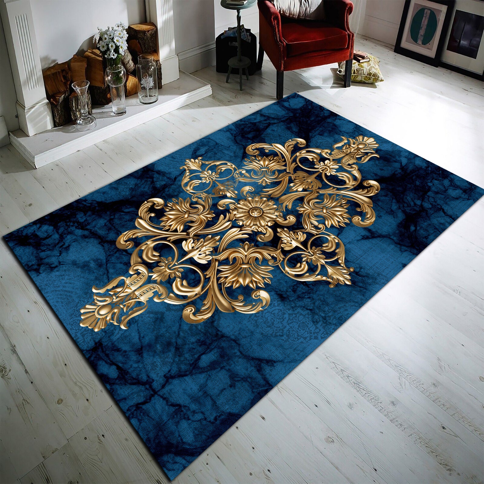 Blue and Gold Damask Rug Ethnic Design Floral Carpet - Etsy
