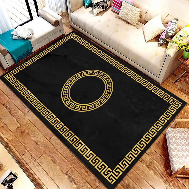 Black and Gold Ancient Greek Wave Rug, Greek Mythology, Modern Rug ...
