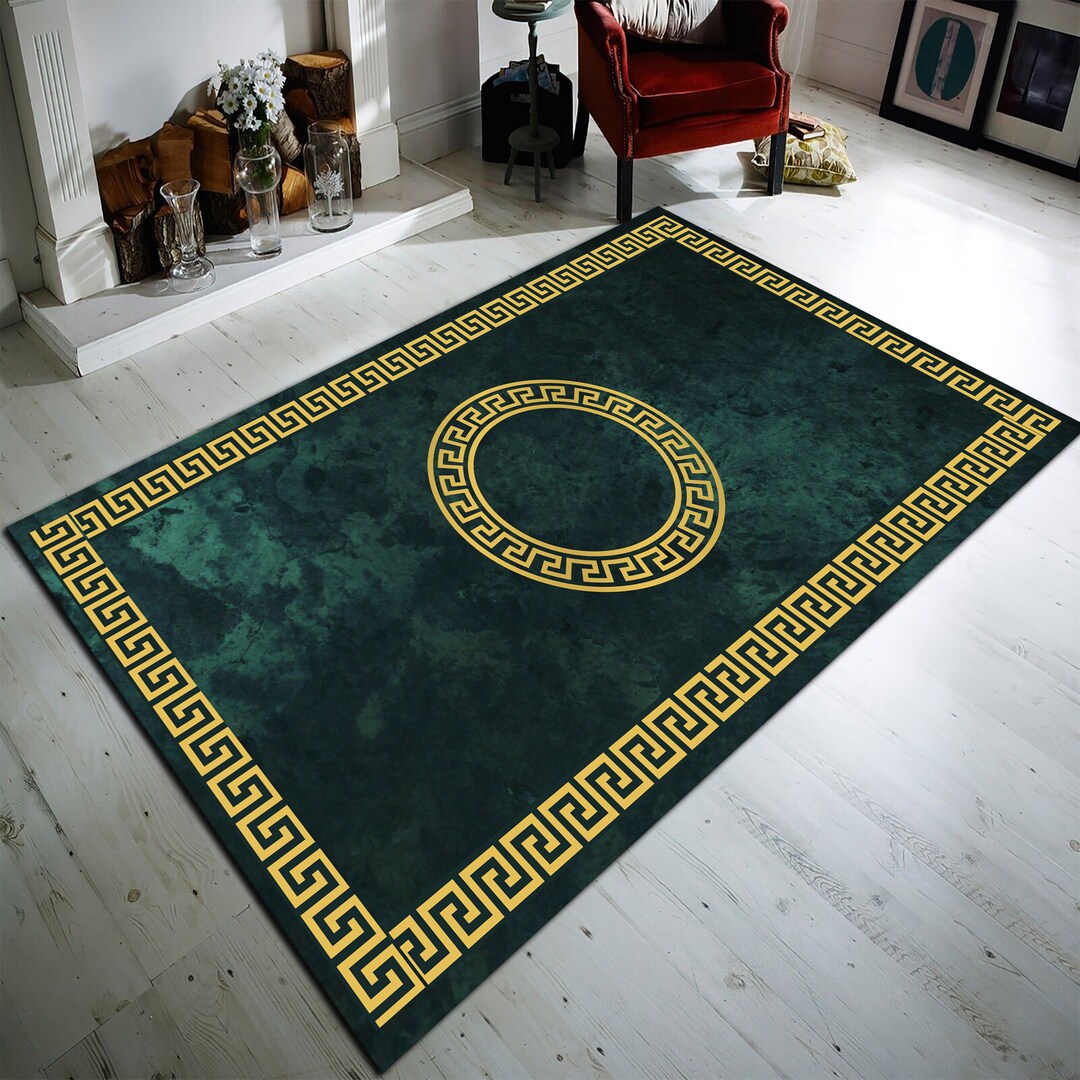 Green and Gold Ancient Greek Wave Rug, Greek Mythology, Modern Rug ...