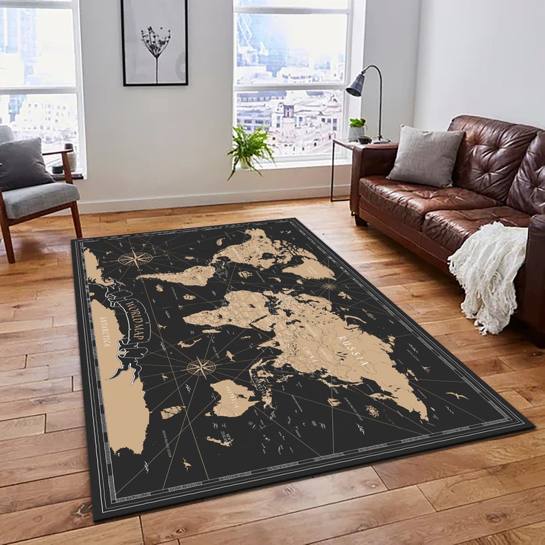 Vintage Black World Map Rug, Cotton Blend, Non-slip - Etsy