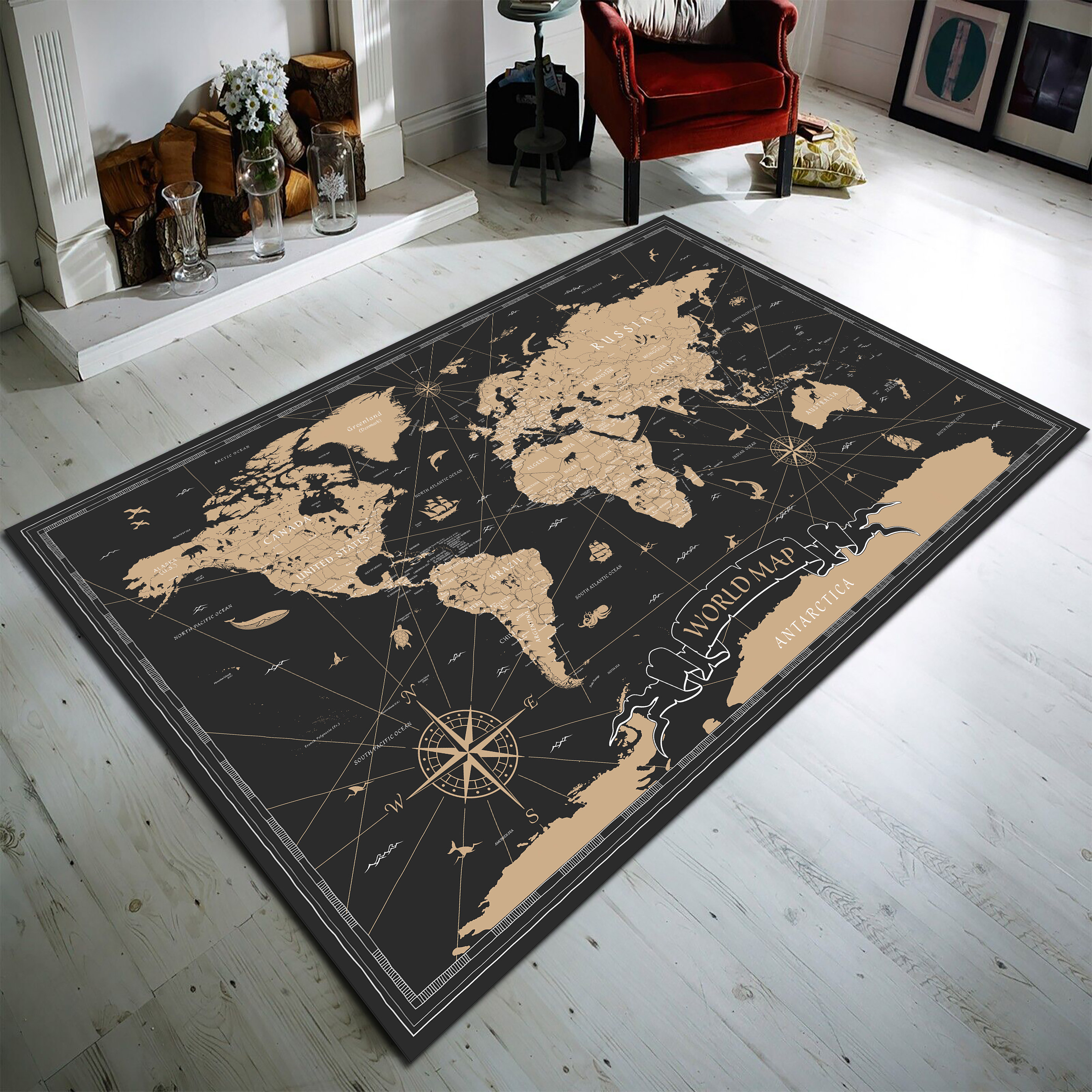 Vintage World Map Rug Wrap, Black World Map Rug, World Map Rug, World ...