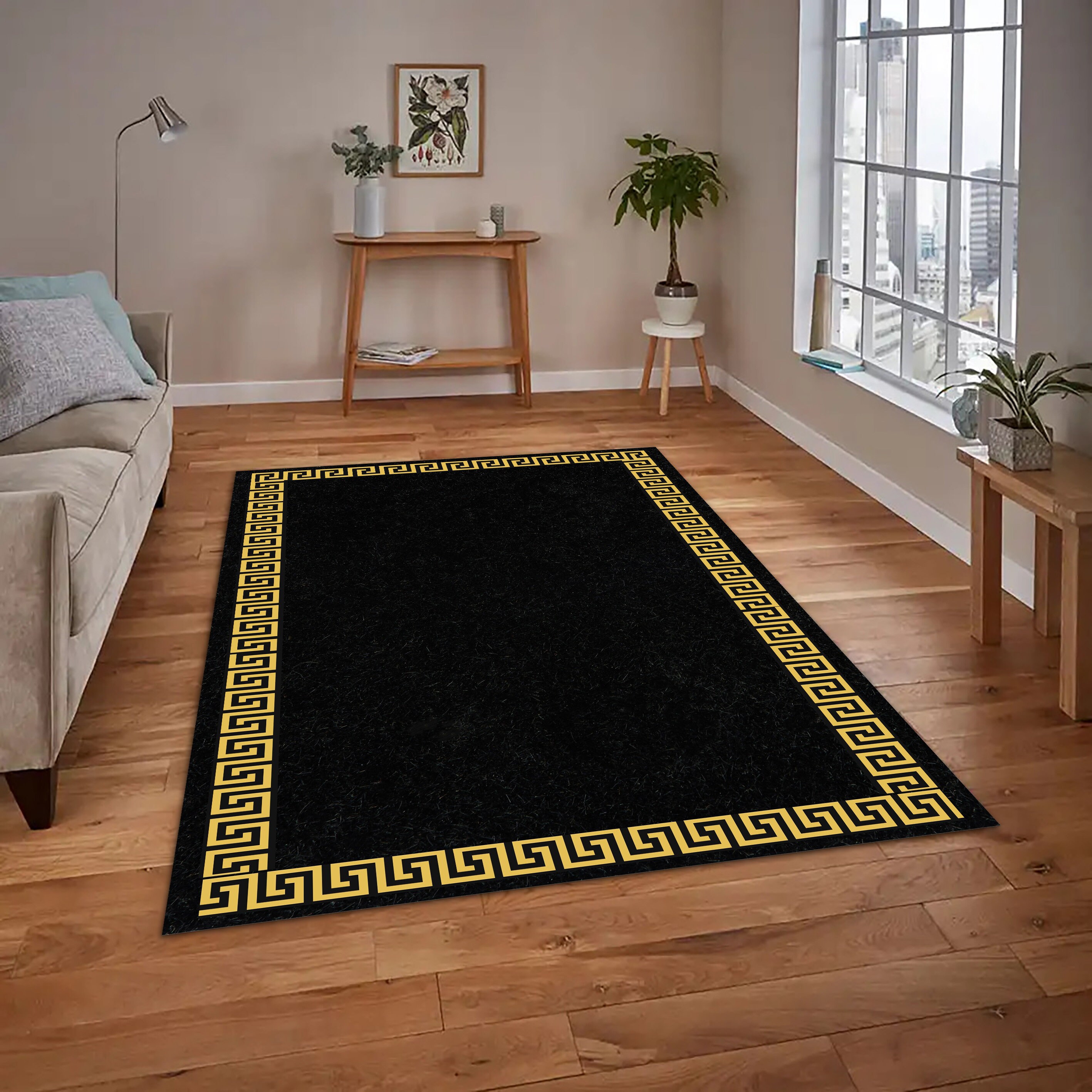 Black and Gold Ancient Greek Wave Rug, Greek Mythology, Modern Rug ...