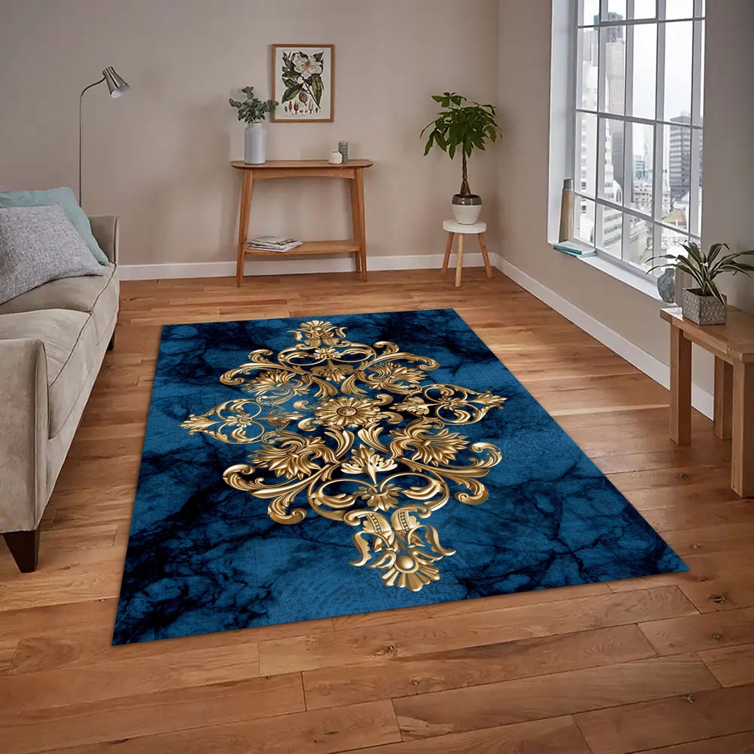 Blue and Gold Damask Rug, Ethnic Design Floral Carpet, Oriental Floor ...