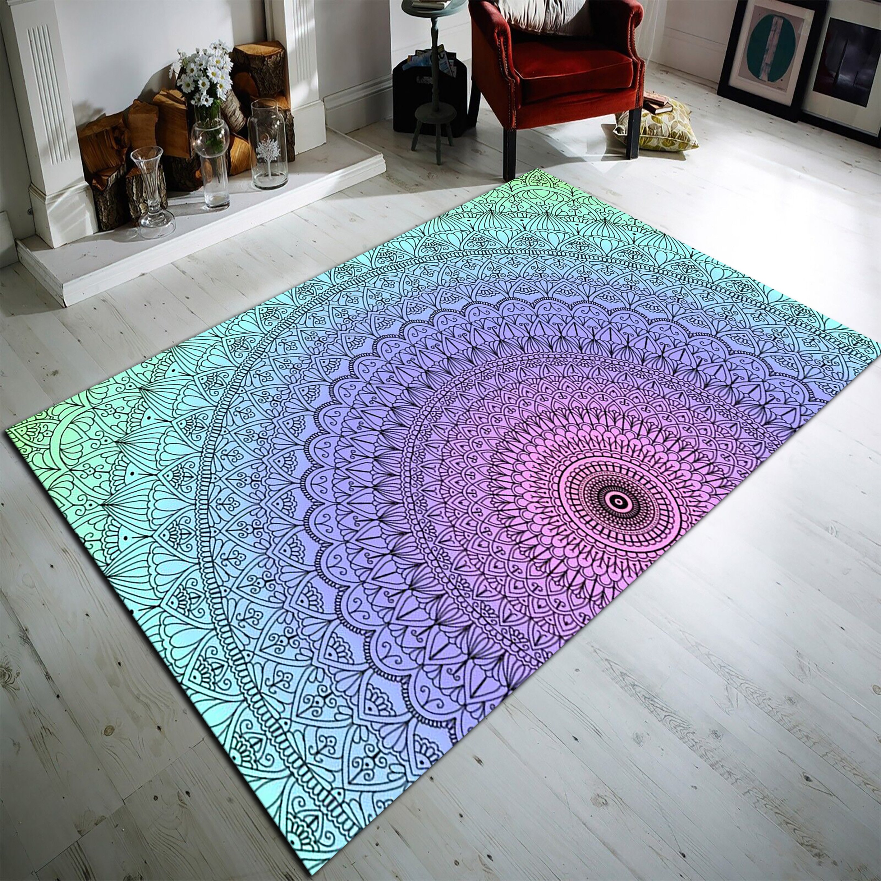 Mandala Pattern Rug,blue&colorful Mandala Carpet,mandala Carpet ...
