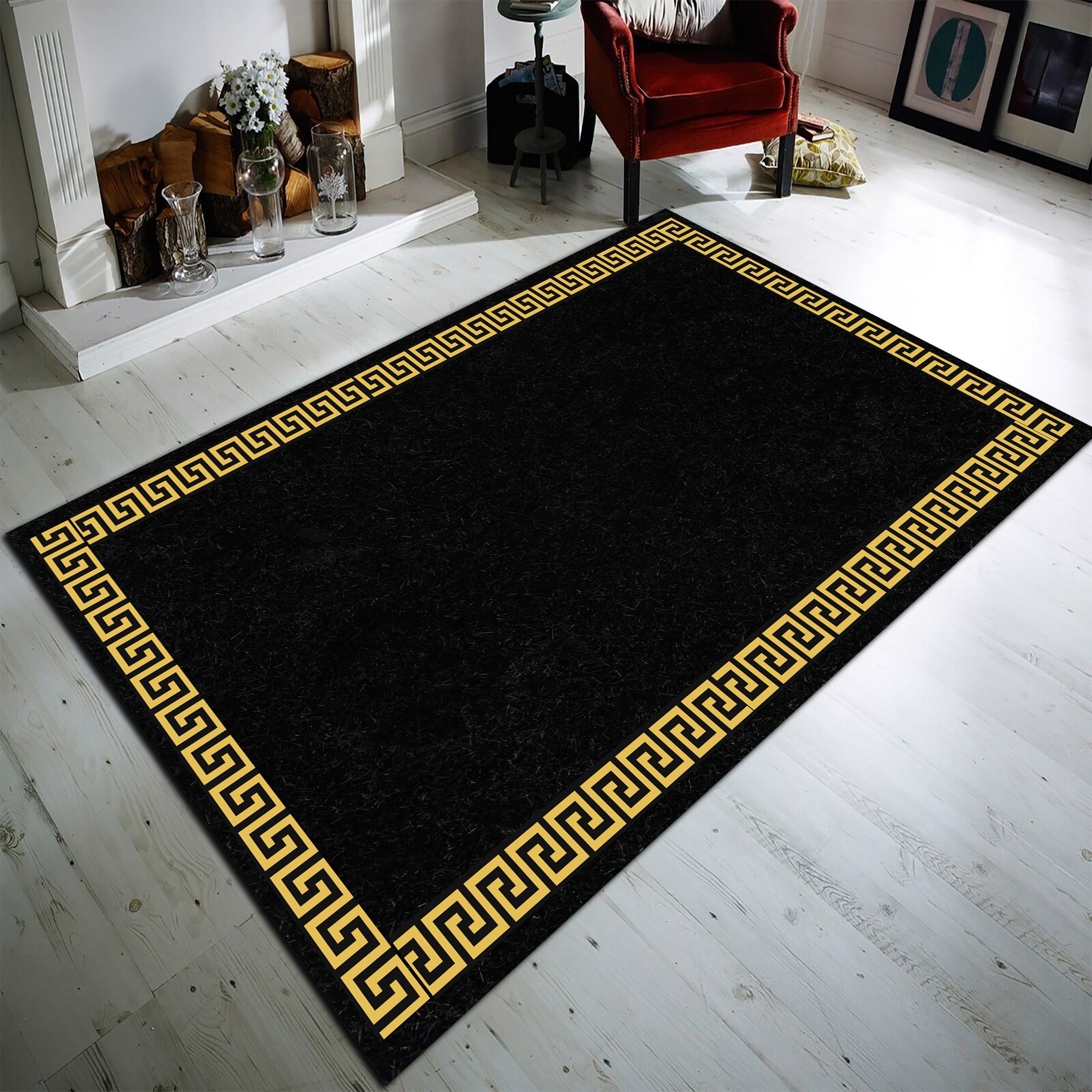 Black and Gold Ancient Greek Wave Rug, Greek Mythology, Modern Rug ...