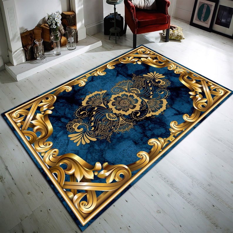 Blue and Gold Oriental Pattern Rug Damask Design Modern Rug - Etsy