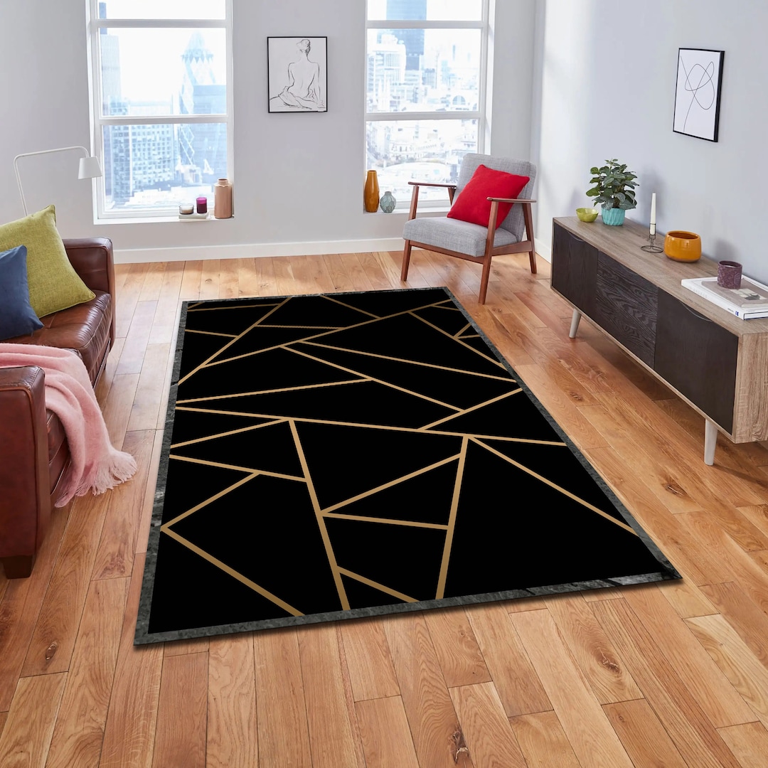 Black and Gold Marble Textured Rug, Marble Design Modern Rug,home Decor ...