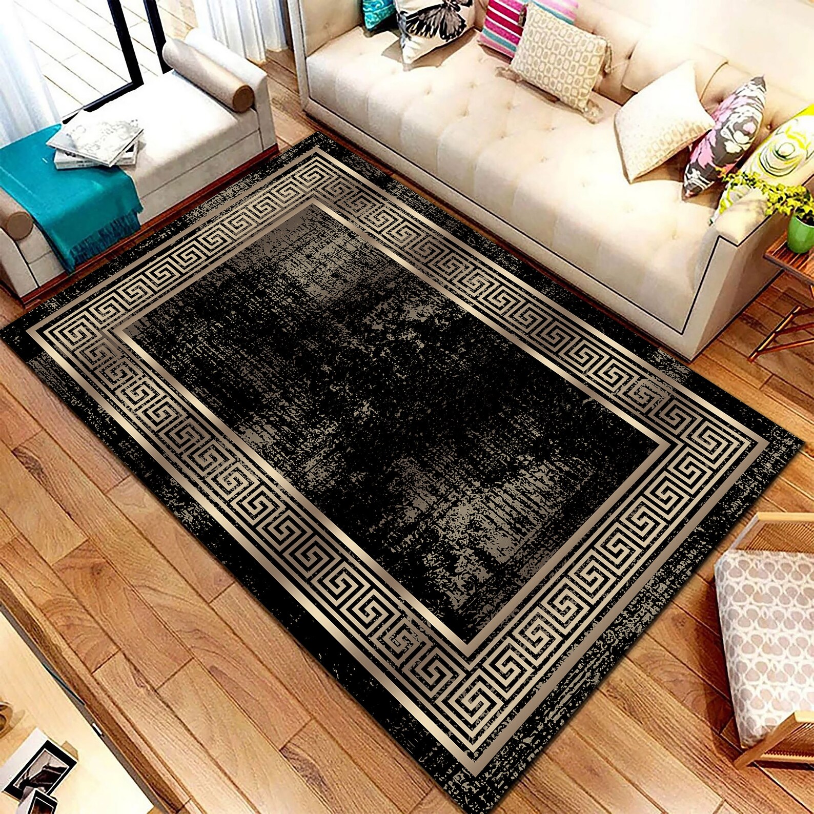 Black and Gold Marble Area Rug, for Living Room, Medusa Carpet, Greek ...
