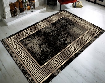 Black and Gold Marble Area Rug, for Living Room, Medusa Carpet, Greek ...