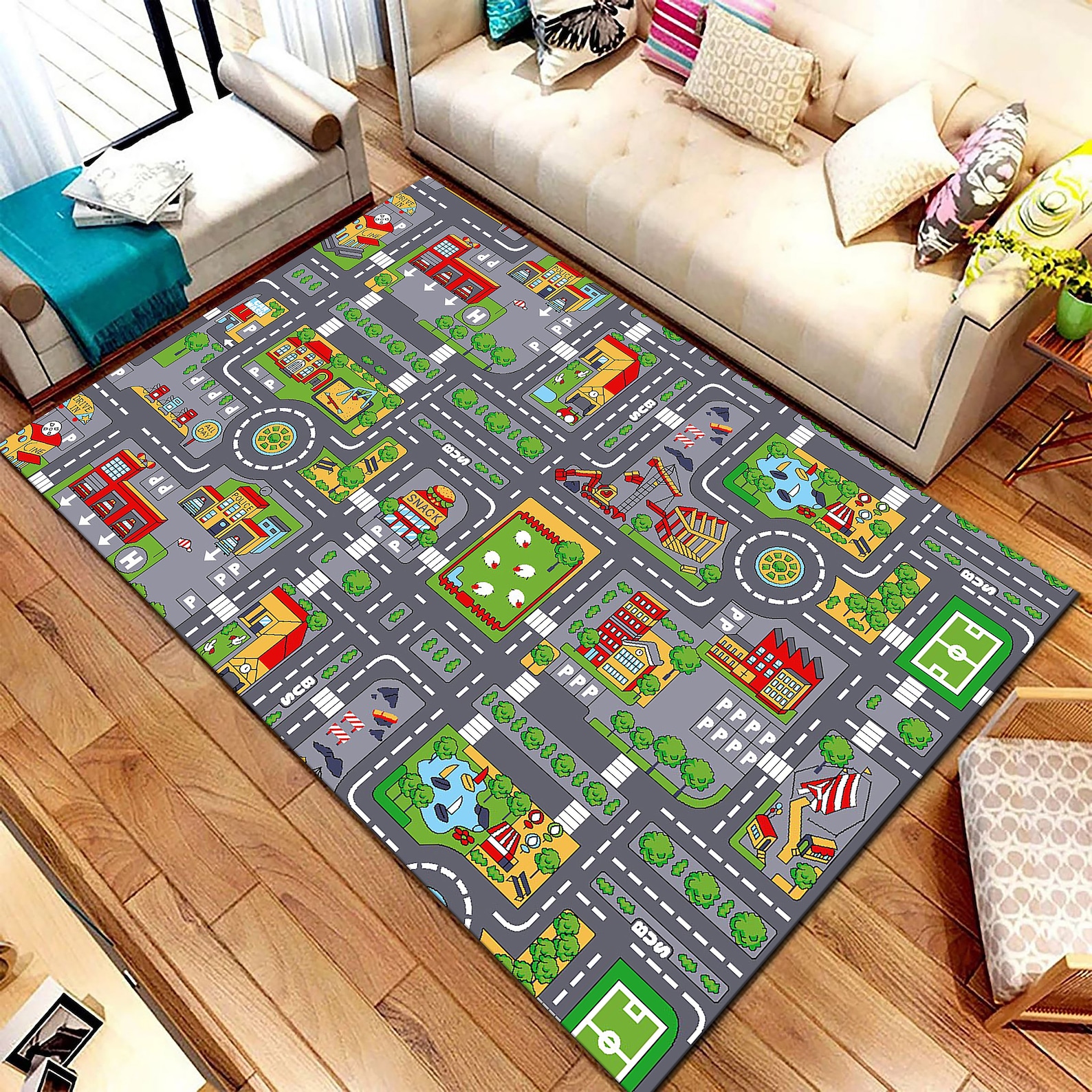 Kids City Map Rug, Playroom Road Carpet, Cotton Base - Etsy