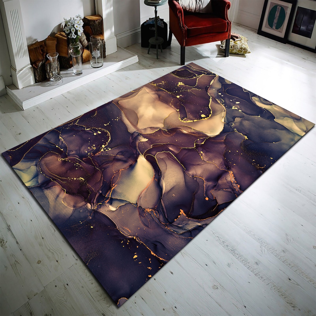 Purple, Dark Blue and Gold Marble, Area Rug, Contemporary Rug, Shimmery ...