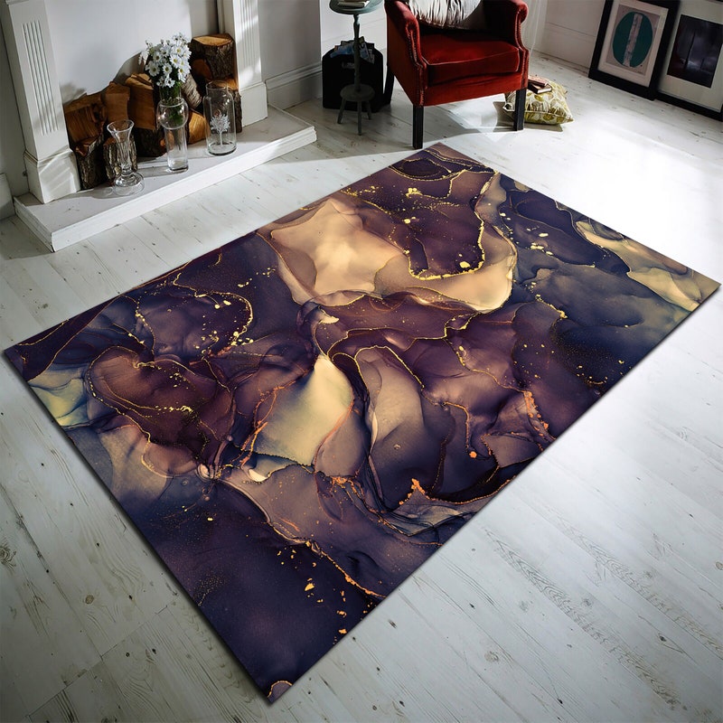 Marble Purple and Gold Rug - Etsy