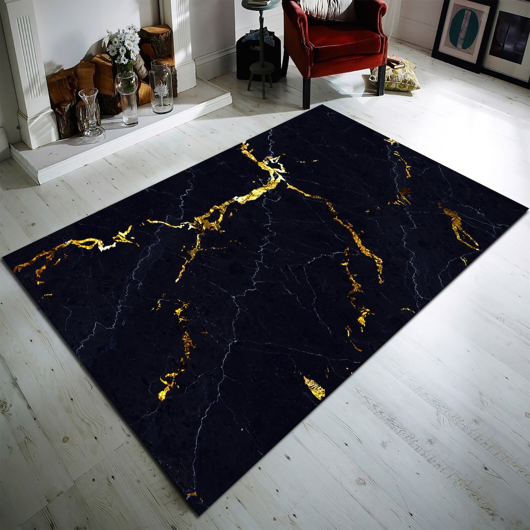 Dark Blue With Gold Marble Rug, Rugs for Living Room, Rugs for Bedroom ...