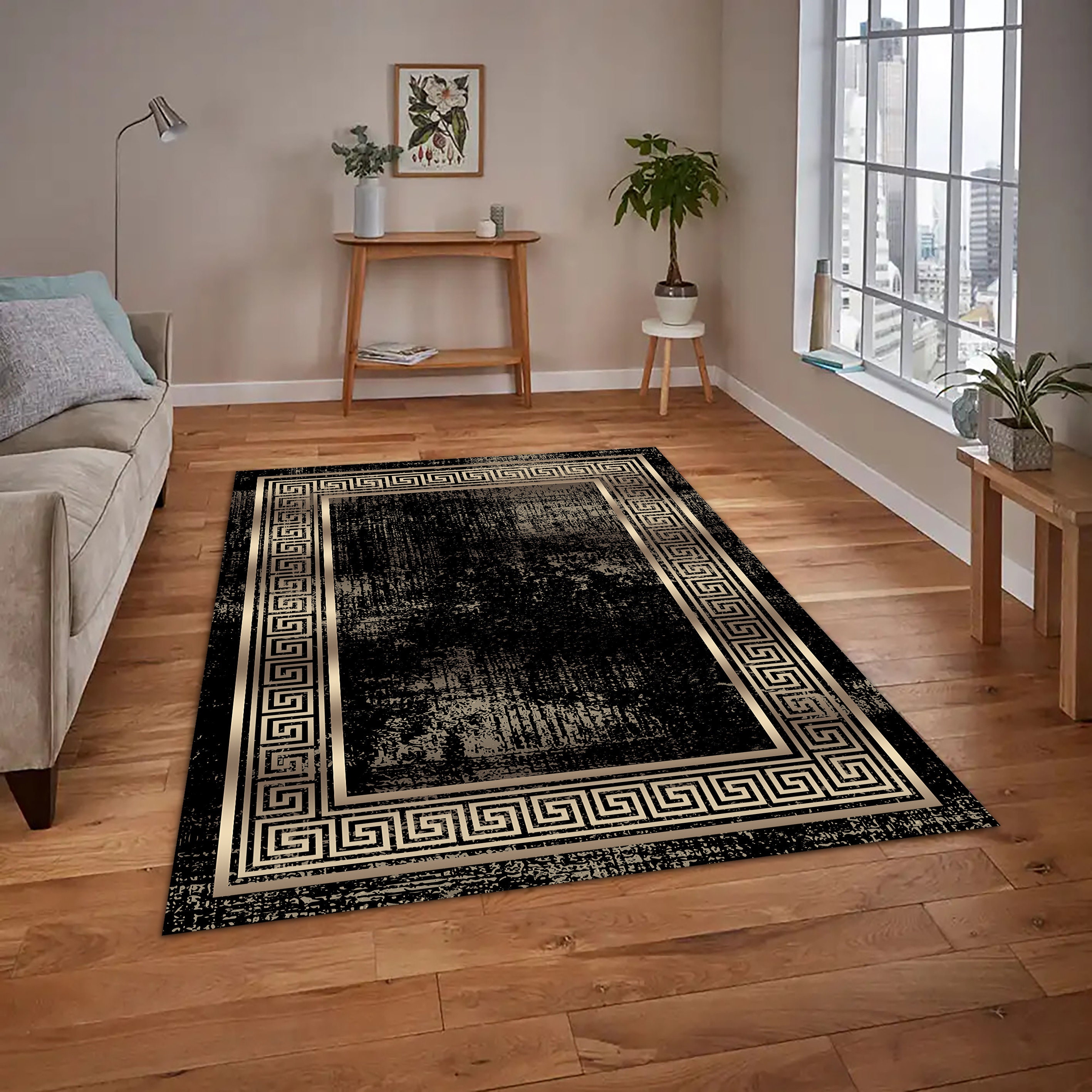 Black and Gold Marble Area Rug, for Living Room, Medusa Carpet, Greek ...