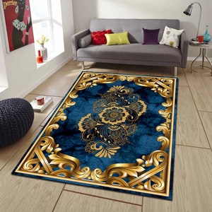 Blue and Gold Oriental Pattern Rug, Damask Design Modern Rug, Ethnic ...