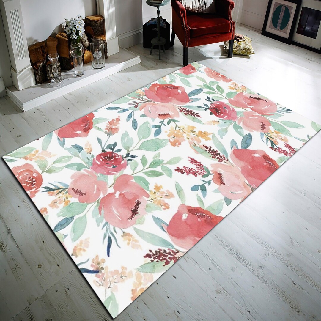 Botanical Rug, Colorful Flowers Rug, Pink Flower Rug, Accent Rug ...