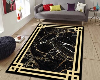 Black and Gold Marble Area Rug, for Living Room, Medusa Carpet, Greek ...